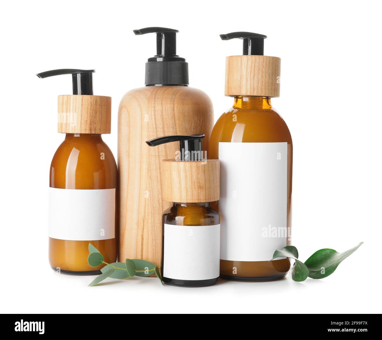 Bottles with natural shampoo on white background Stock Photo - Alamy
