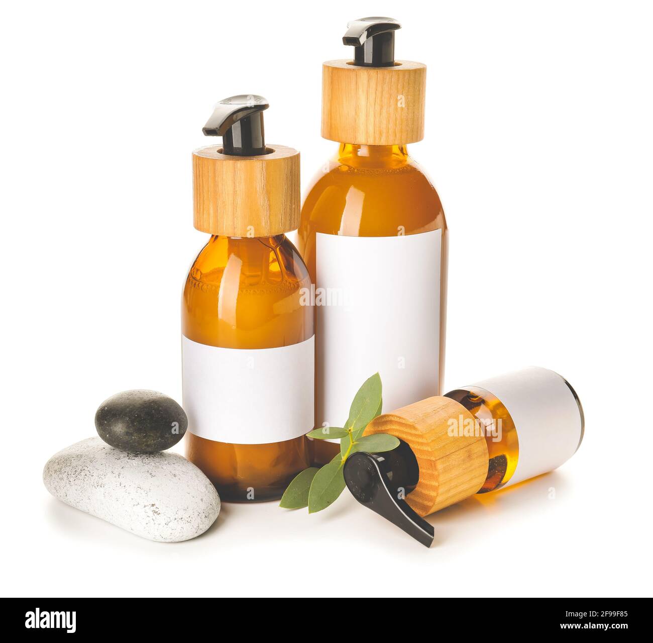 Bottles with natural shampoo on white background Stock Photo - Alamy