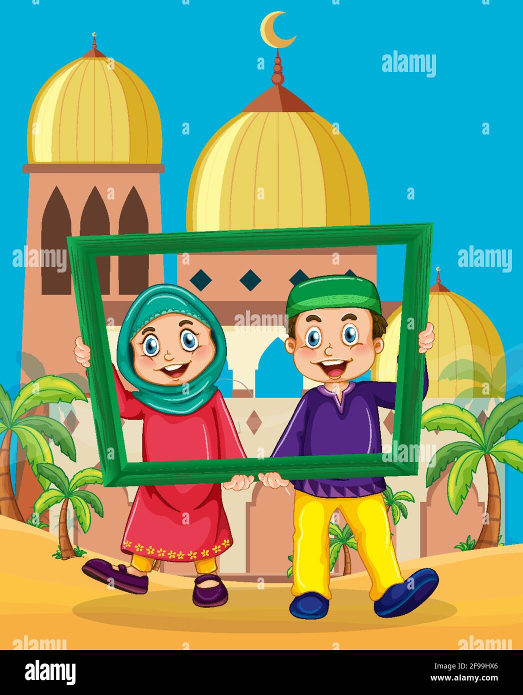 Muslim couple holding photo frame in front of mosque illustration Stock ...