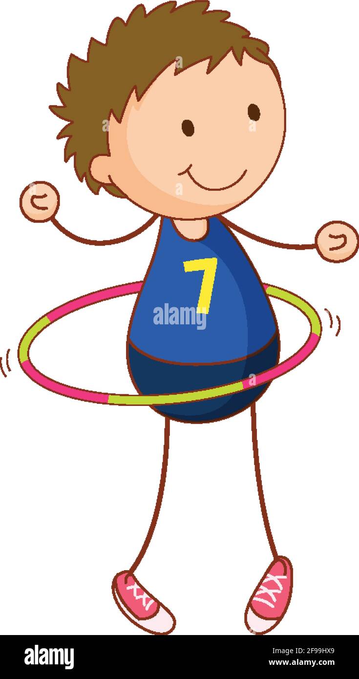 Cute boy playing hula hoop cartoon character in hand drawn doodle style ...