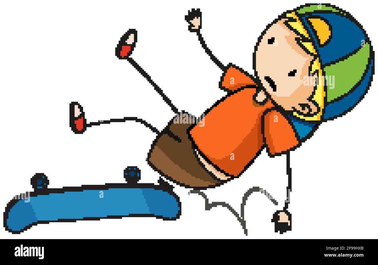 Doodle cartoon character of a boy falling on his skate illustration ...