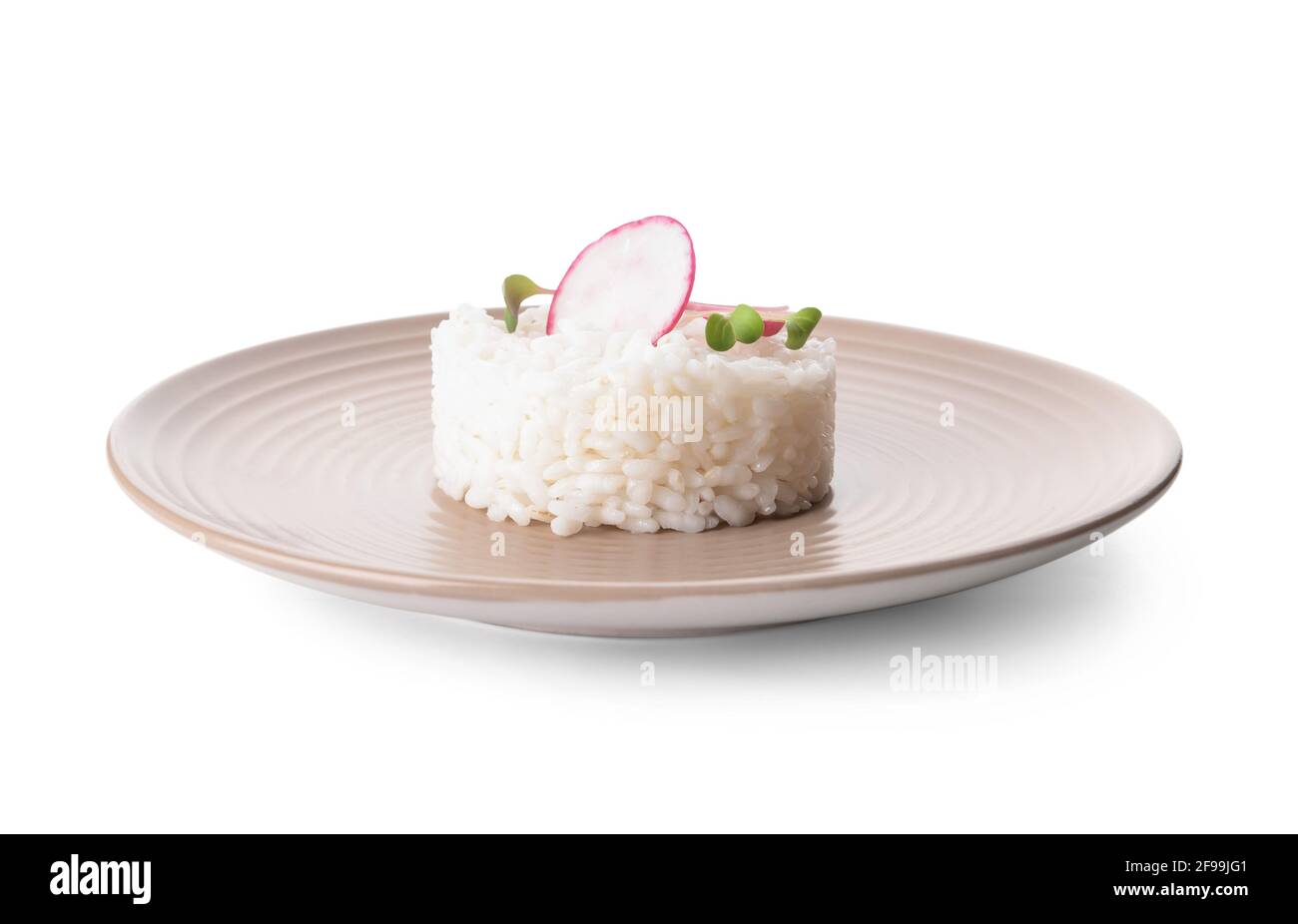 Plate with tasty rice on white background Stock Photo - Alamy