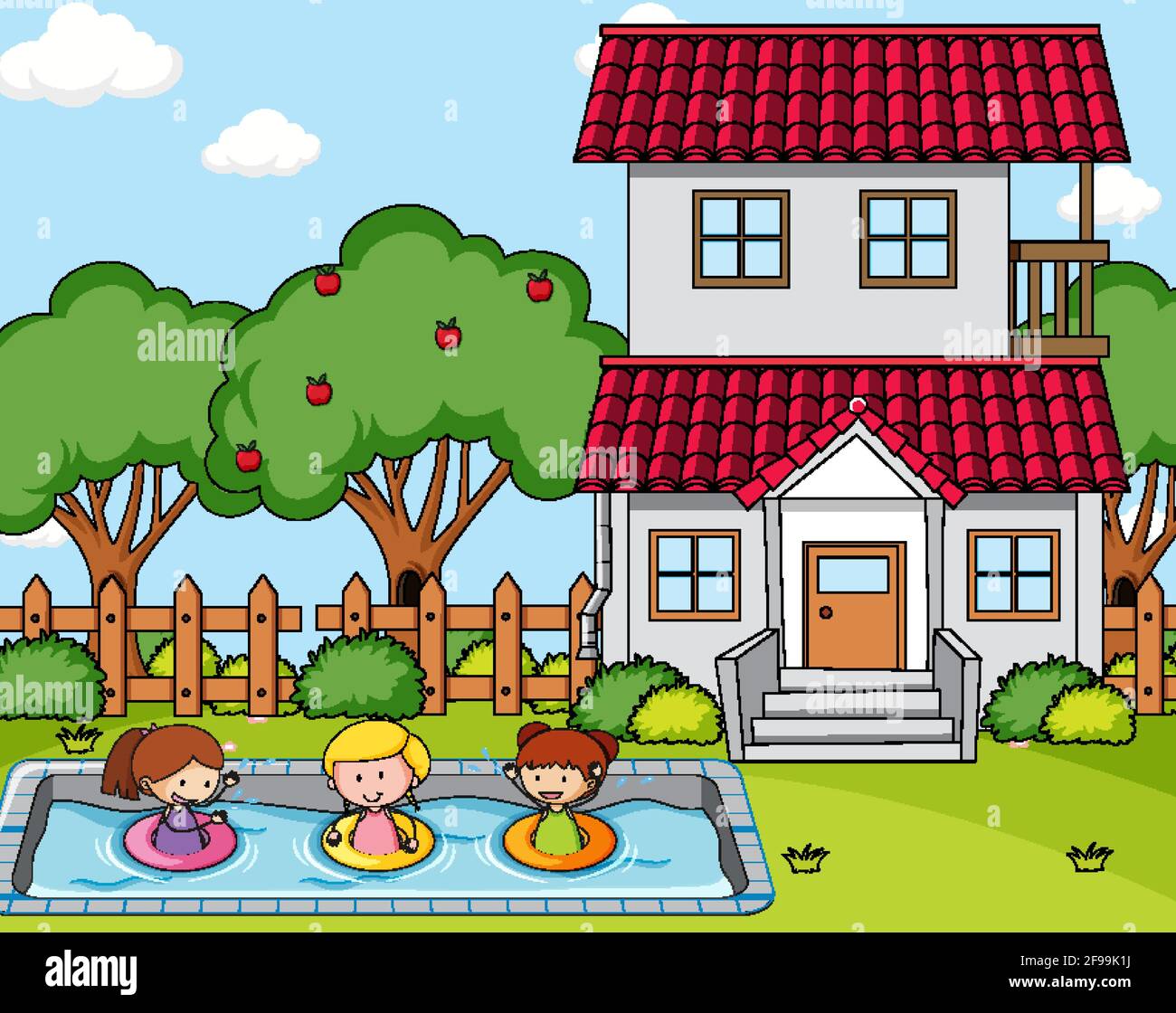 Front of house scene with many kids in the pool illustration Stock ...