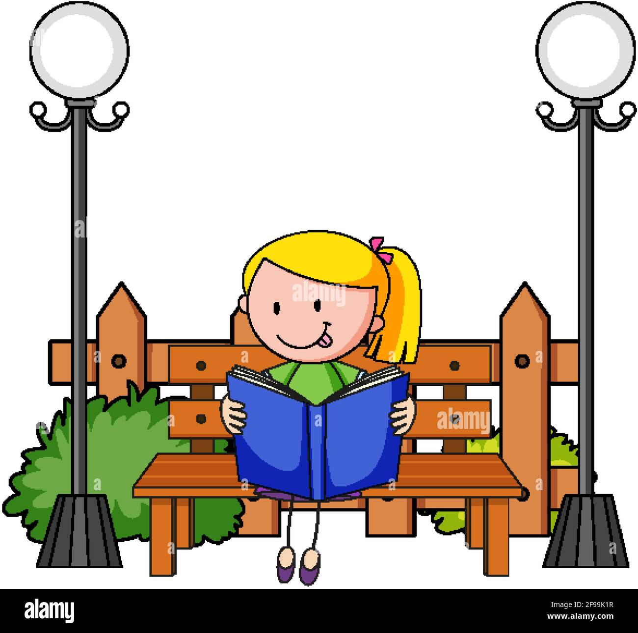 Cute girl reading book doodle cartoon character with park elements ...