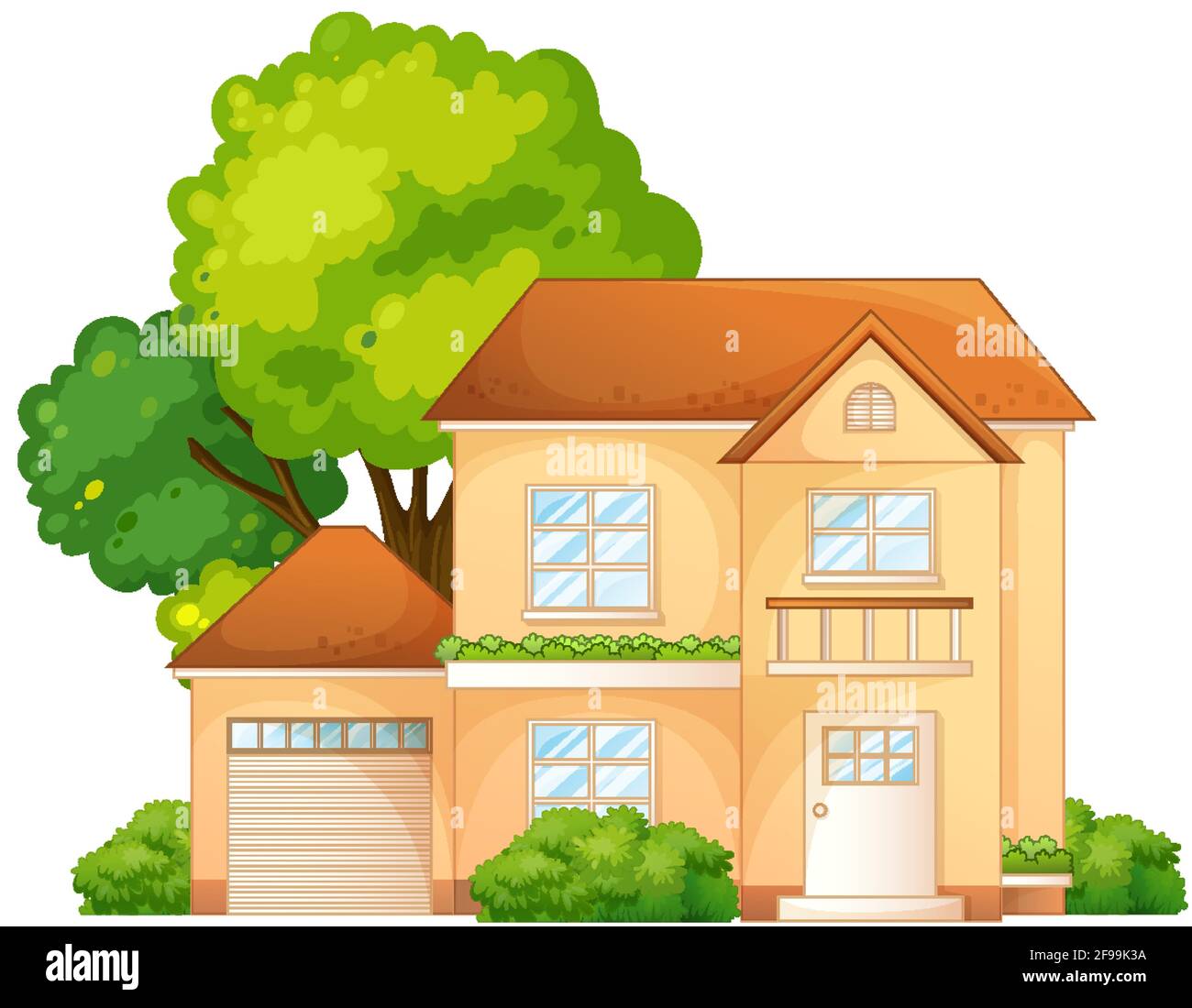 Front of a house with many tree isolated on white background ...