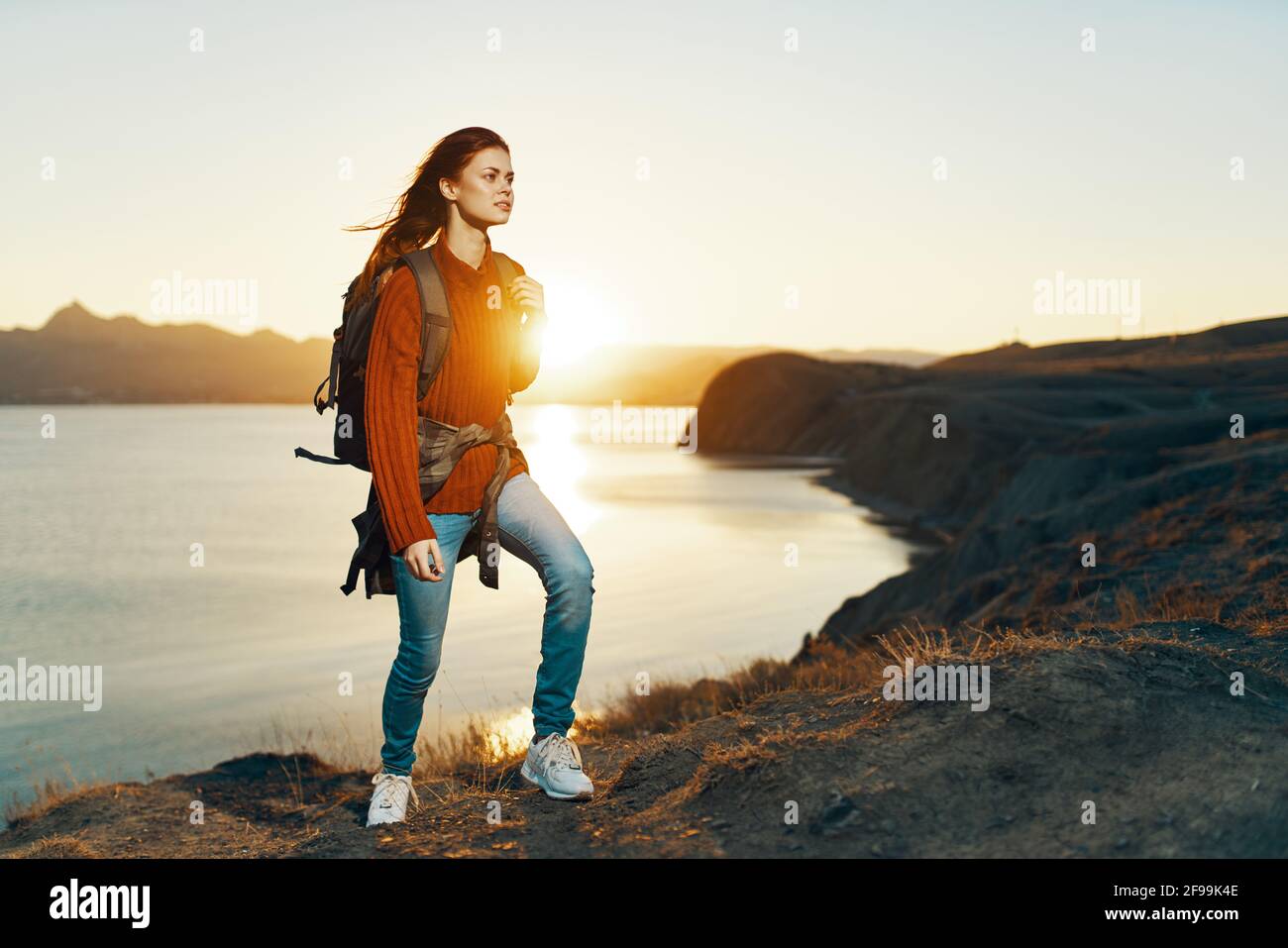 woman hiker nature walk landscape vacation fun freedom Stock Photo - Alamy