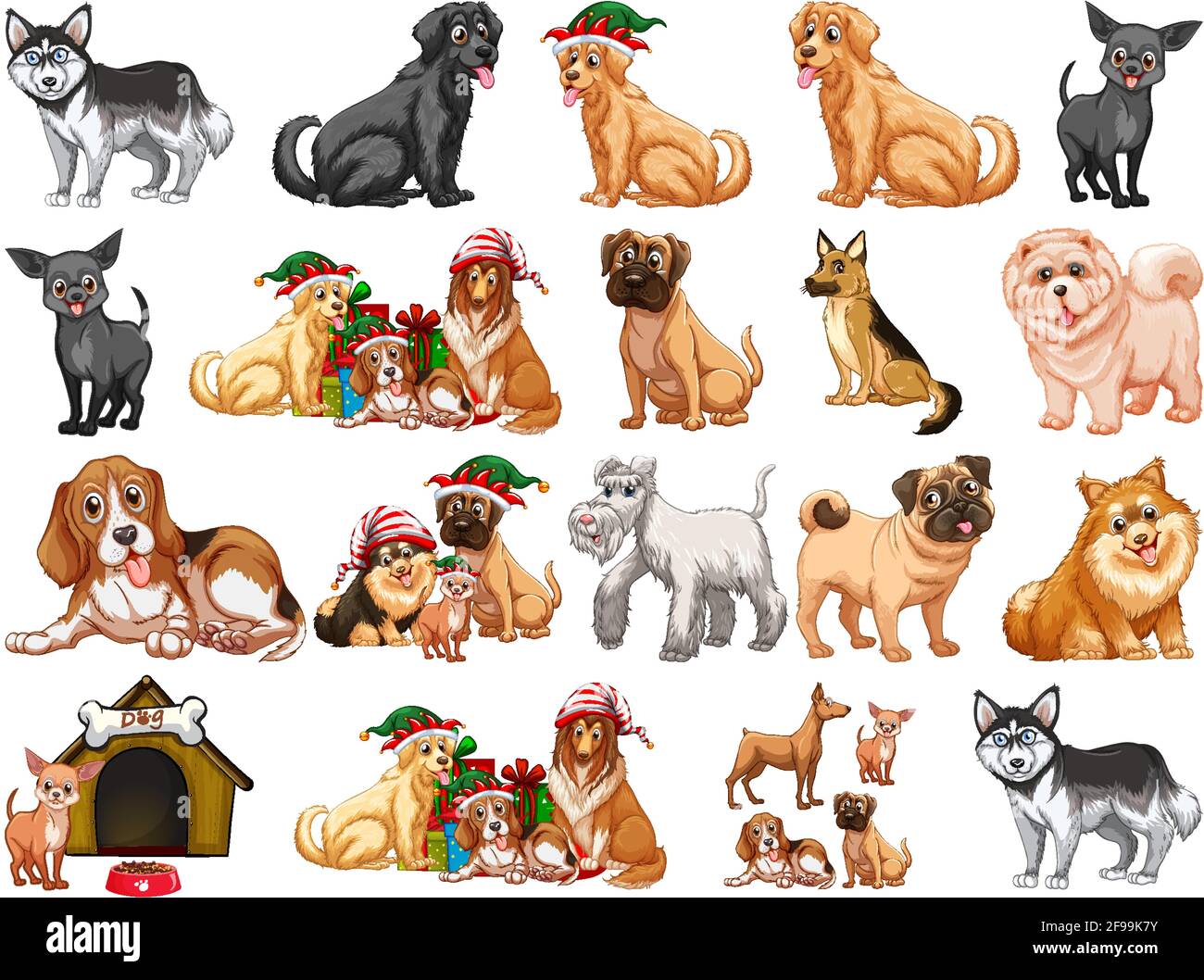 Different funny dogs in cartoon style isolated on white background ...