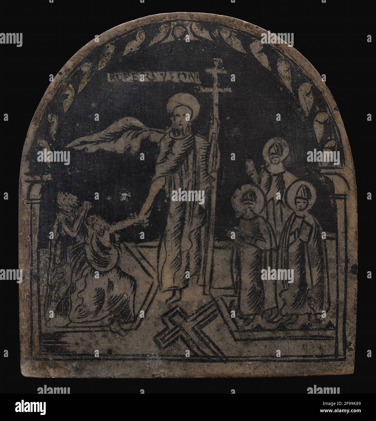Standing Haloed Figure with Double Cross; At Right, Three Bishop Saints ...