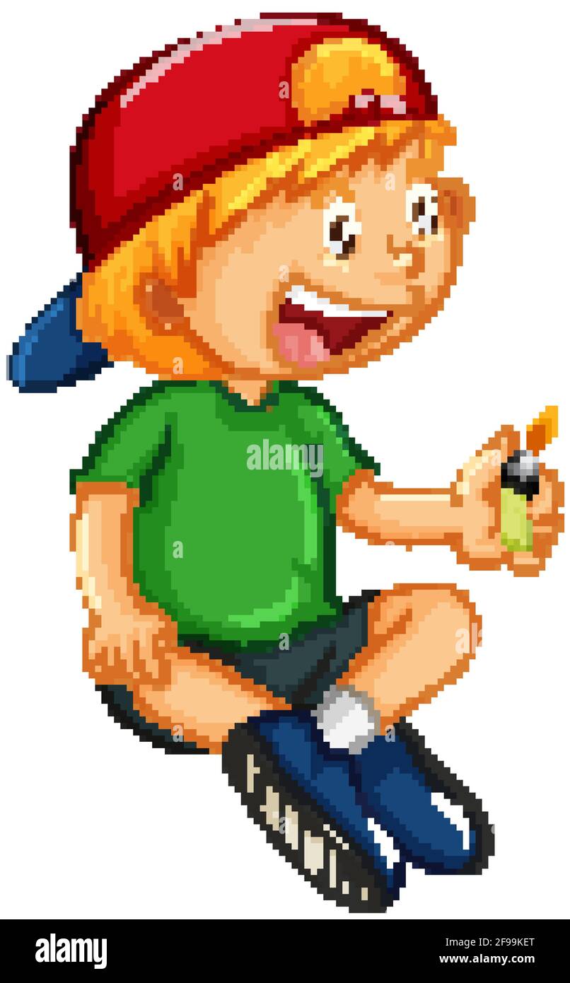 A boy holding a lighter cartoon character isolated illustration Stock ...