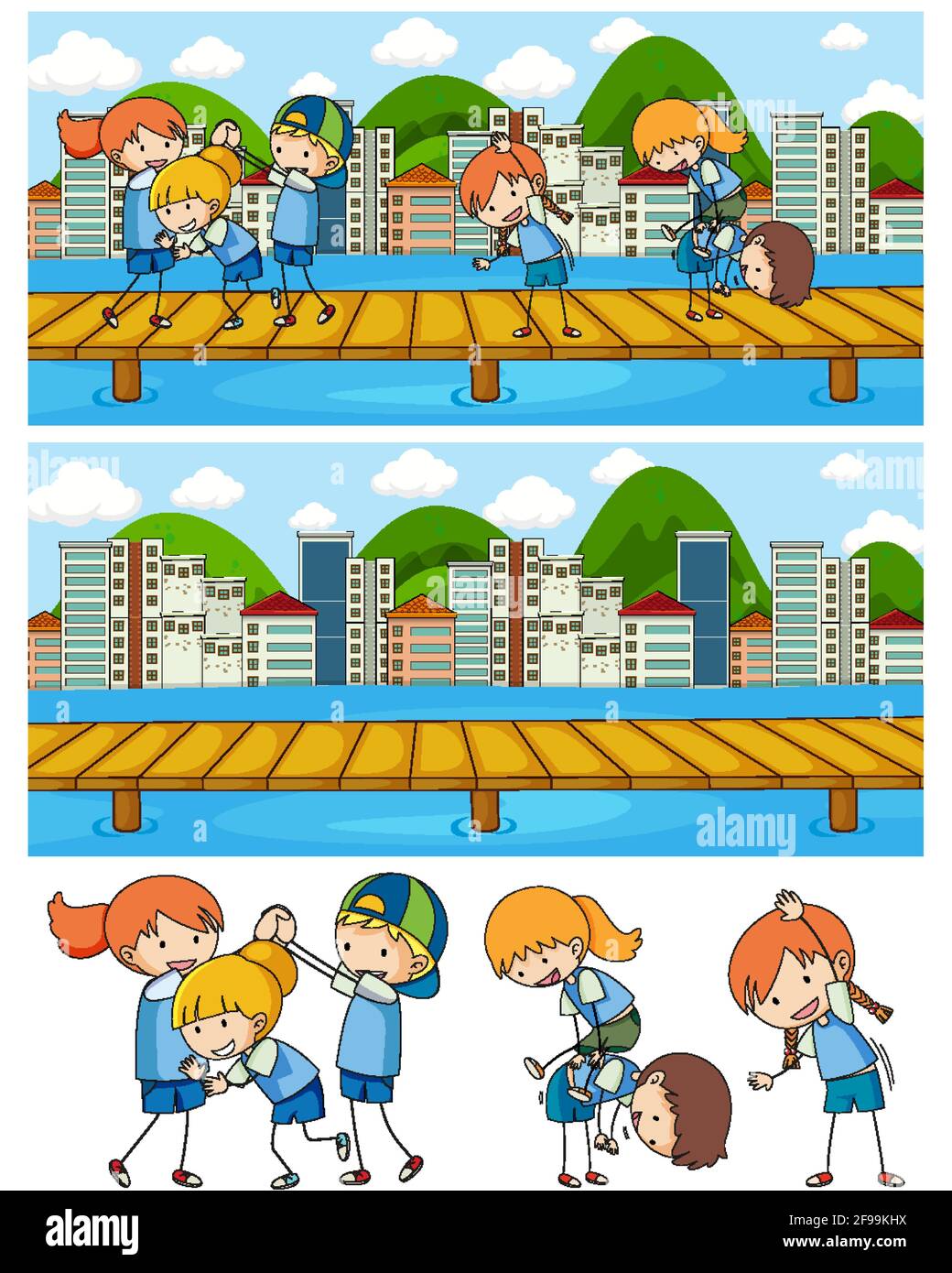 Set of different horizontal scenes background with doodle kids cartoon ...