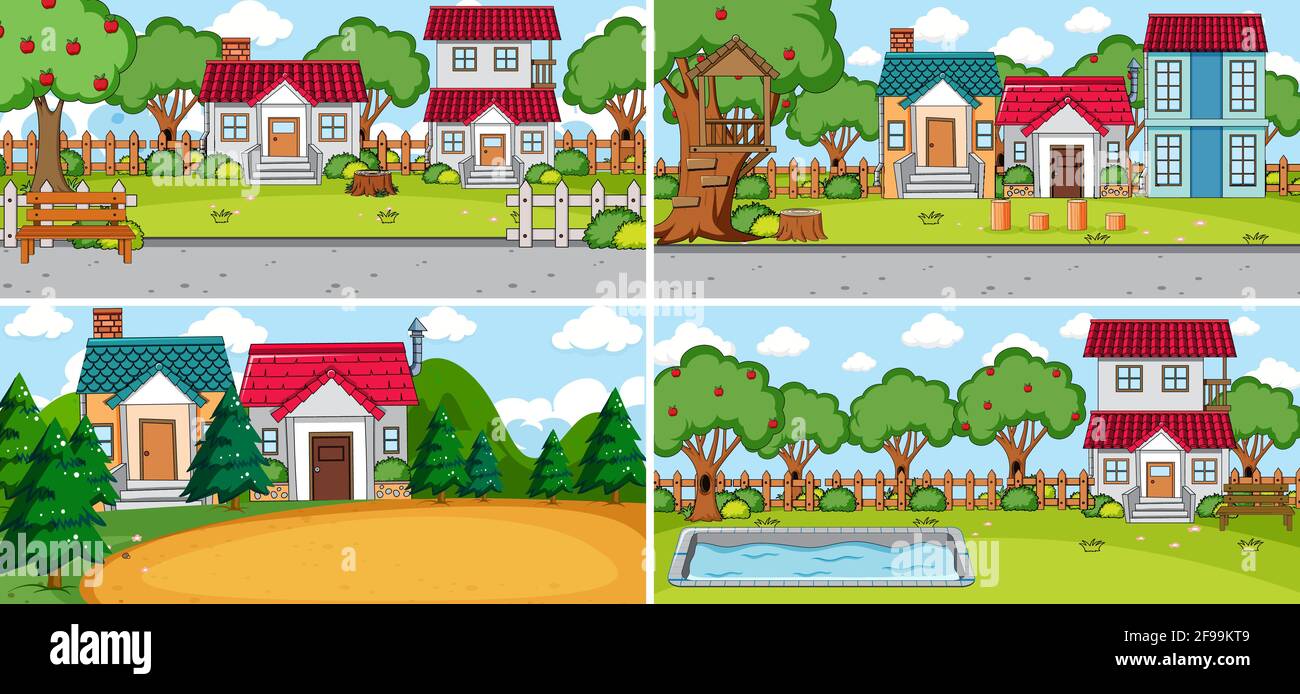 Set of different houses in nature scenes cartoon style illustration ...