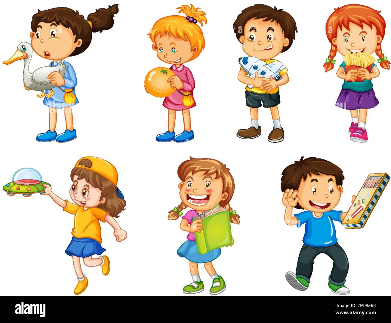 Set of different kid playing with their toys cartoon character isolated ...
