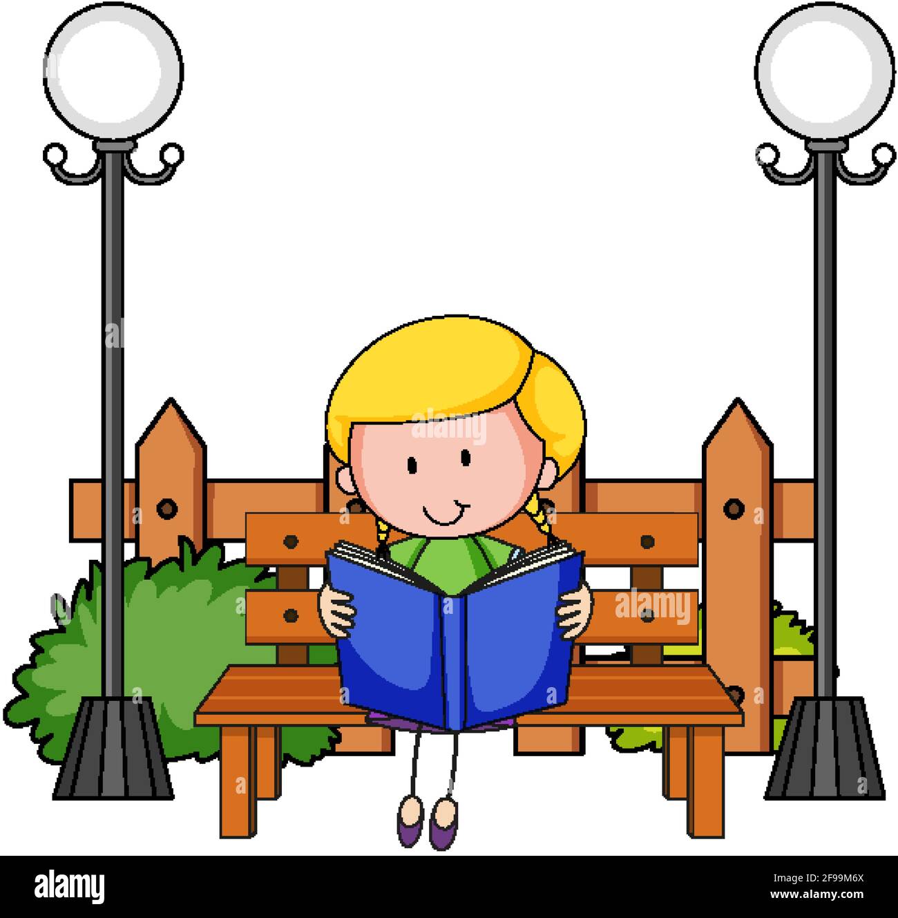 Cute girl reading book doodle cartoon character with park elements ...