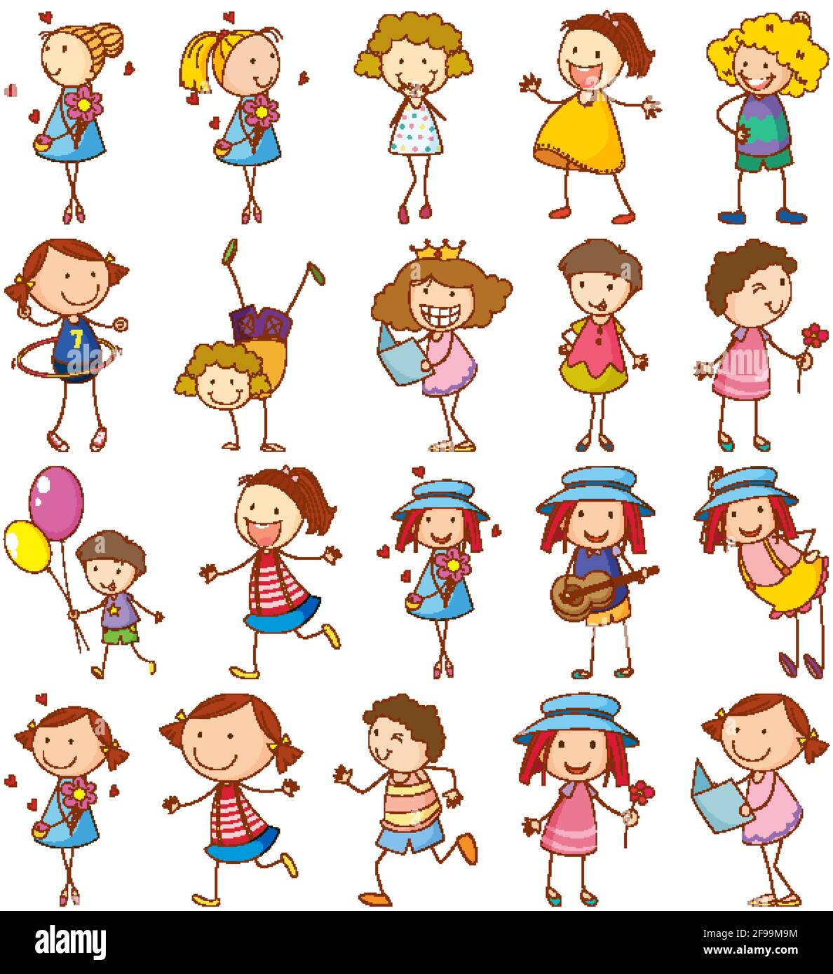 Set of different doodle kids cartoon character illustration Stock ...