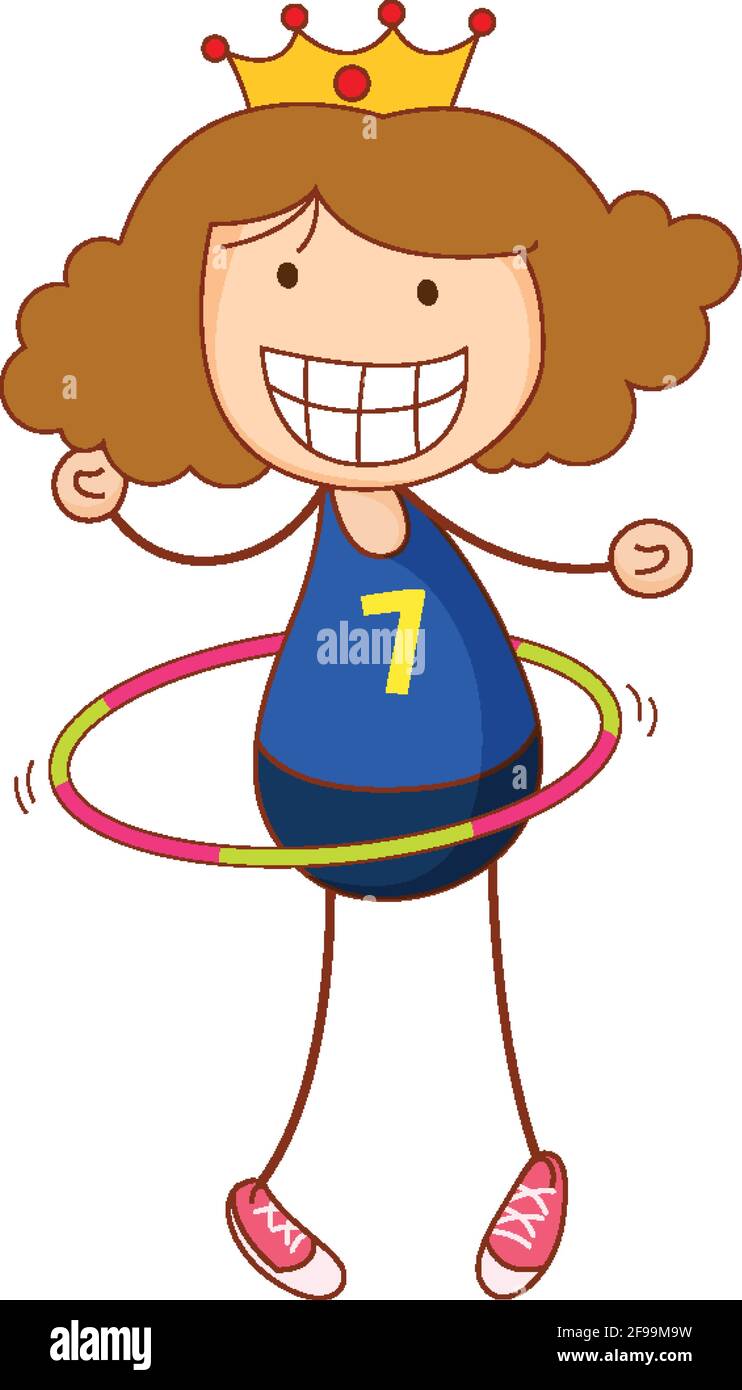 Cute girl playing hula hoop cartoon character in hand drawn doodle ...