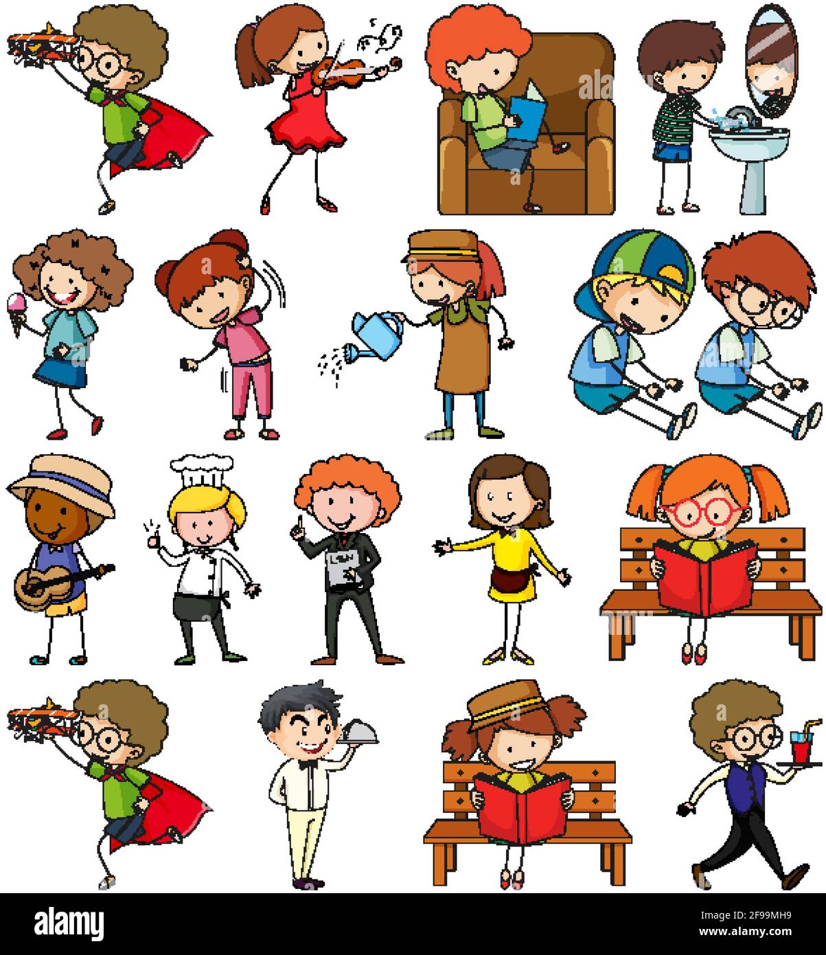 Set of different doodle kids cartoon character isolated illustration ...