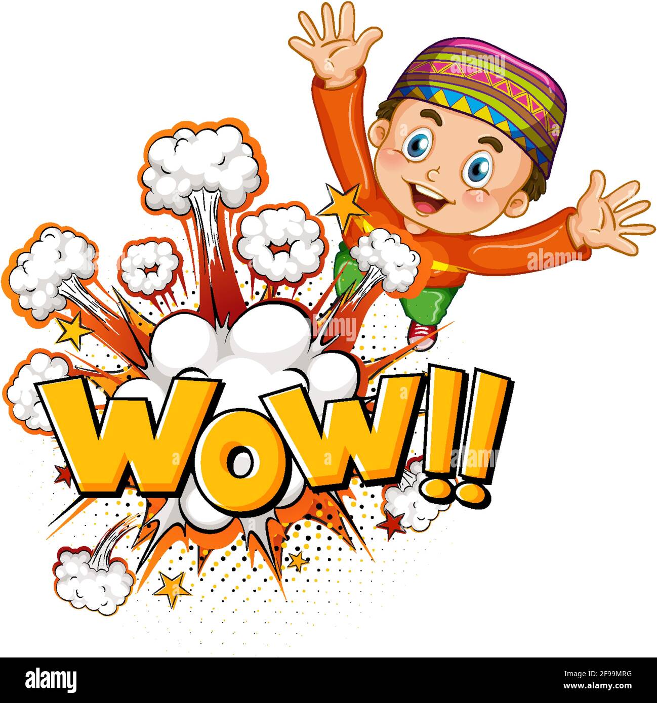 WOW word on bomb explosion with muslim boy cartoon character isolated ...