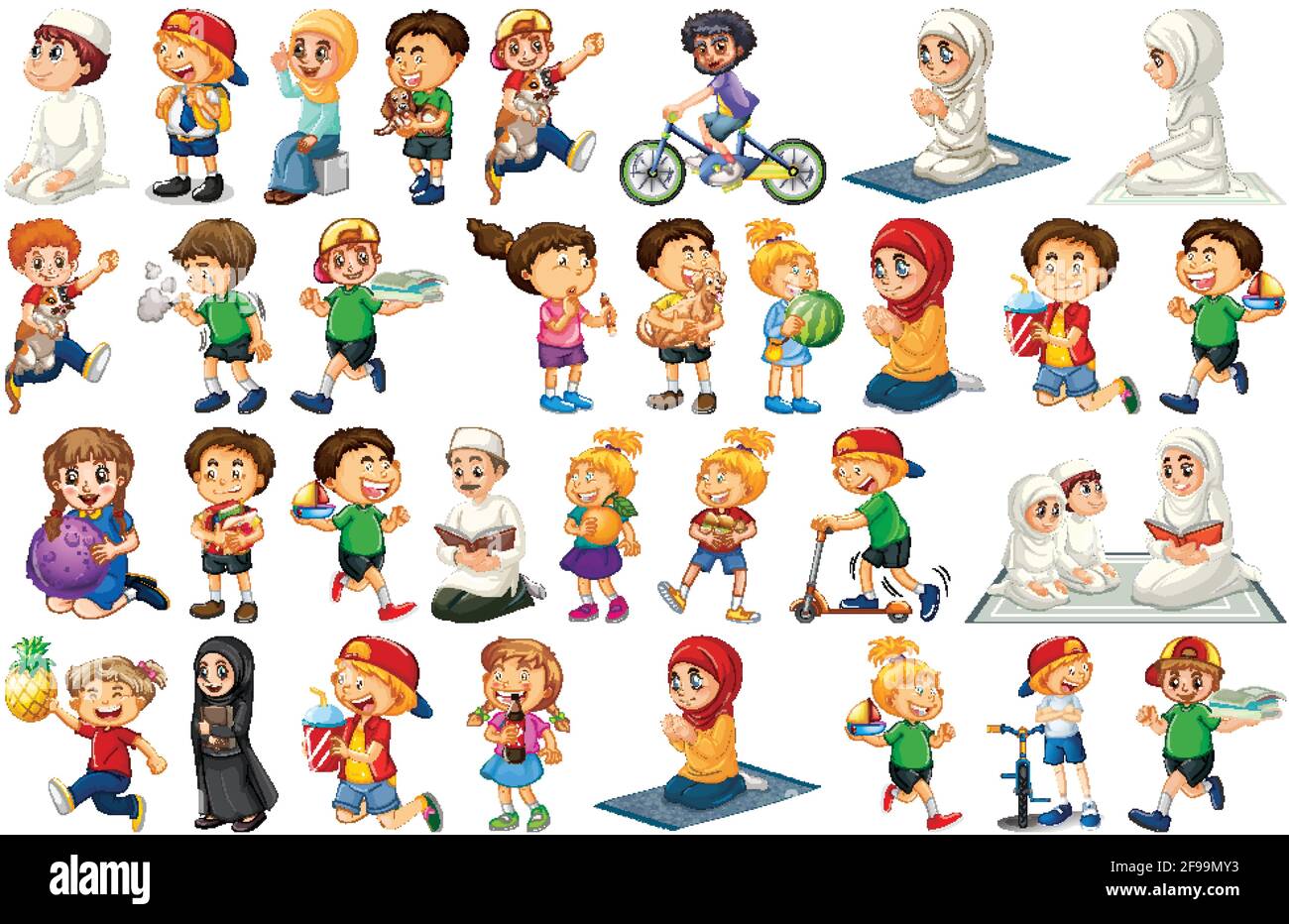 Children doing different activities cartoon character set on white ...