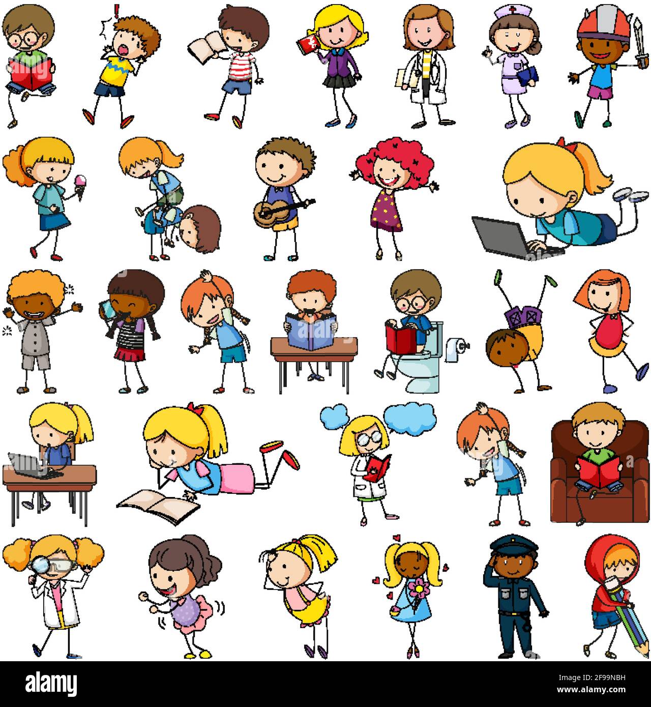 Set of different doodle kids cartoon character isolated illustration ...