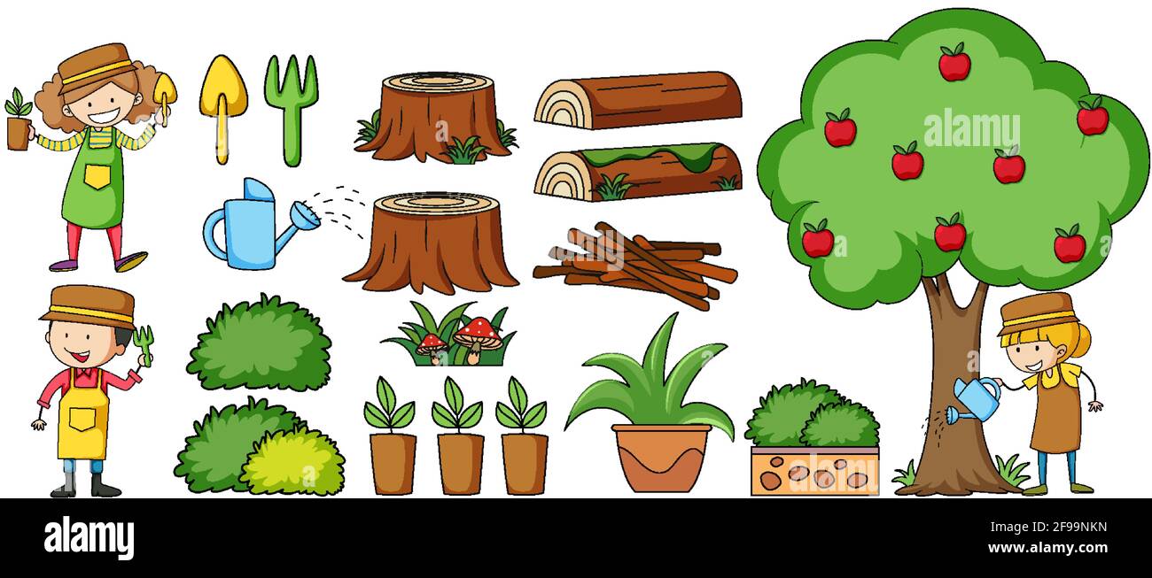Outdoor garden decoration set with kids cartoon character illustration ...