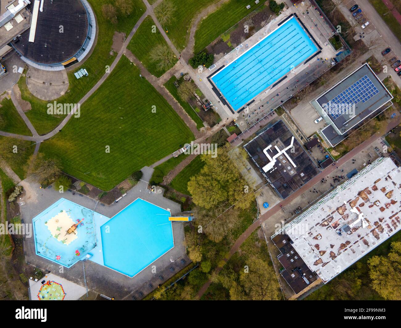 Top down aerial view of childs play area with pool,Amsterdam Stock ...