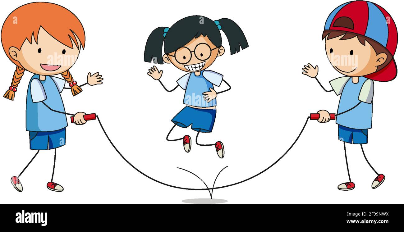 Kids playing jumping rope doodle cartoon character isolated ...