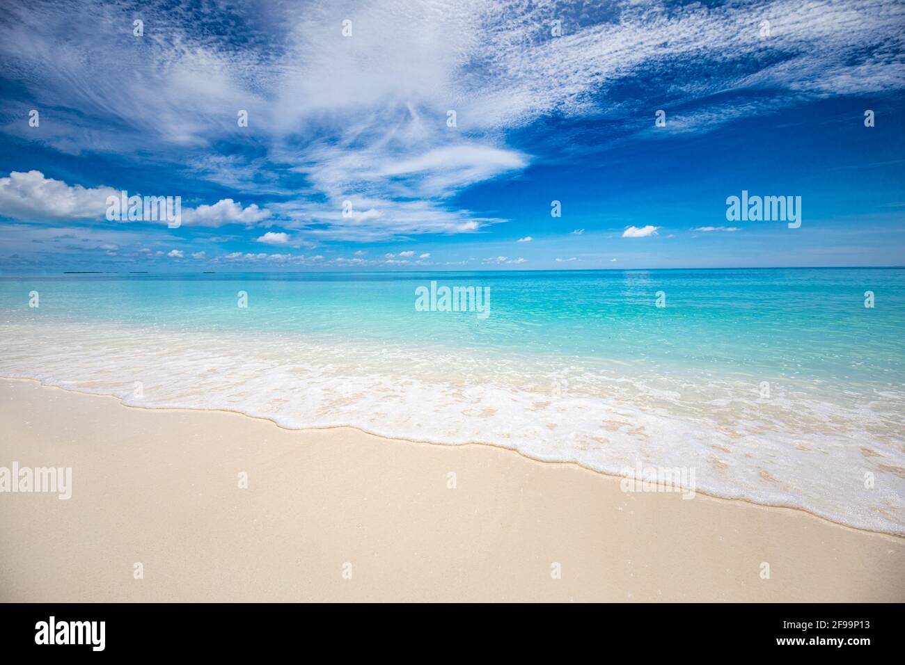 Sea wave on white sand beach sunny day. Stunning summer mood travel ...