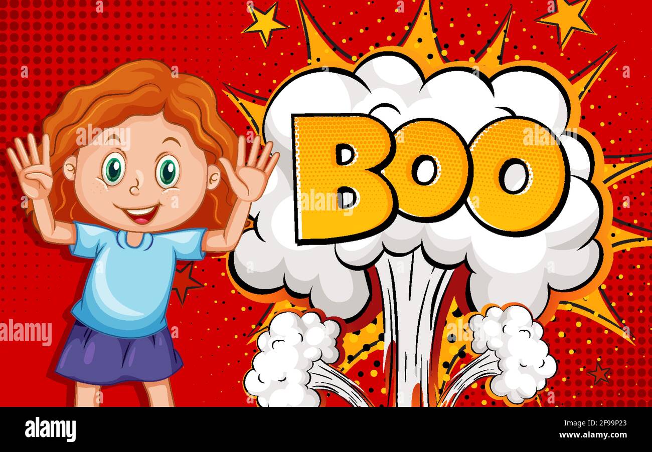 BOO word on explosion background with girl cartoon character ...