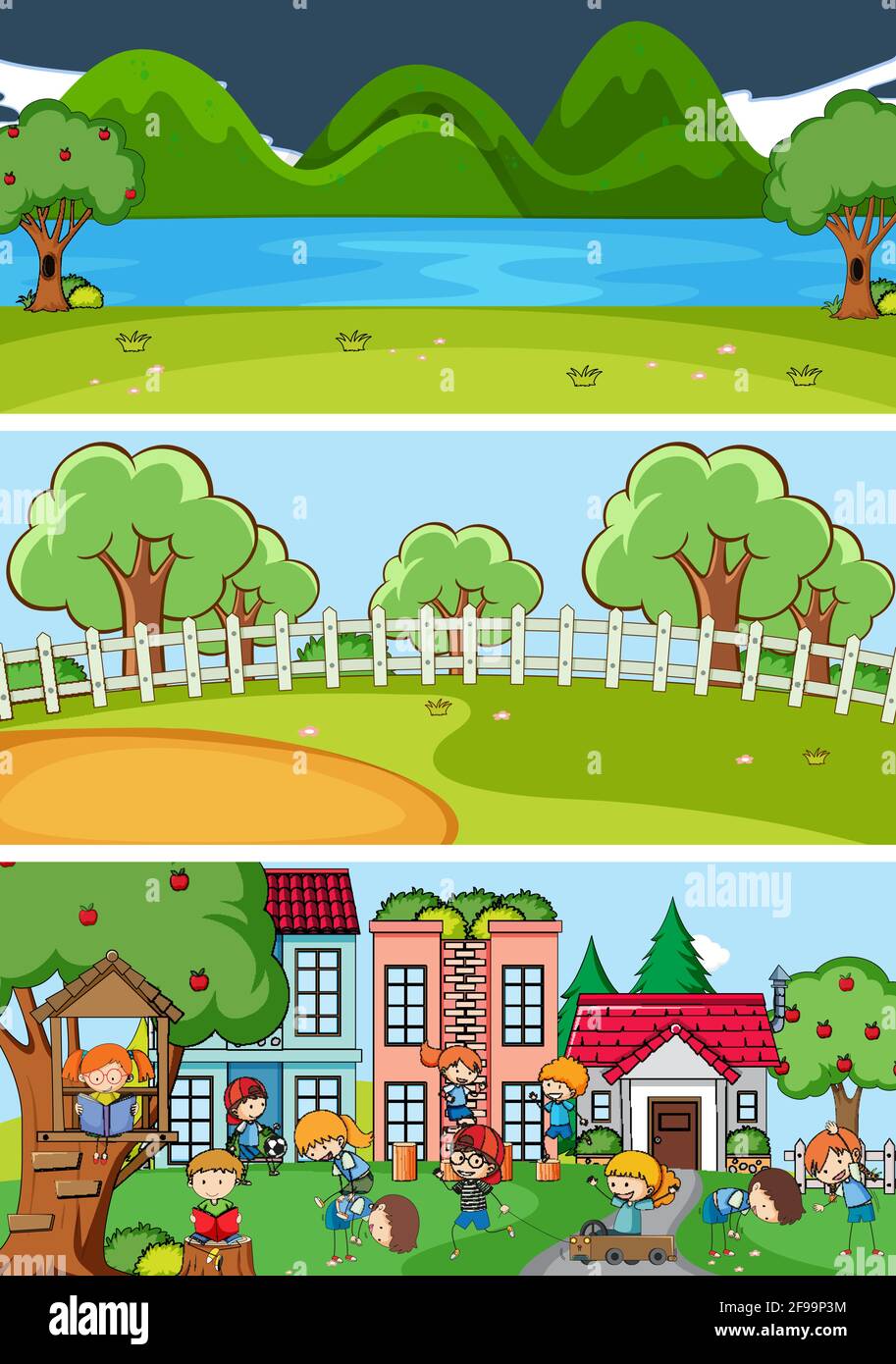 Set of different horizontal scenes background with doodle kids cartoon ...