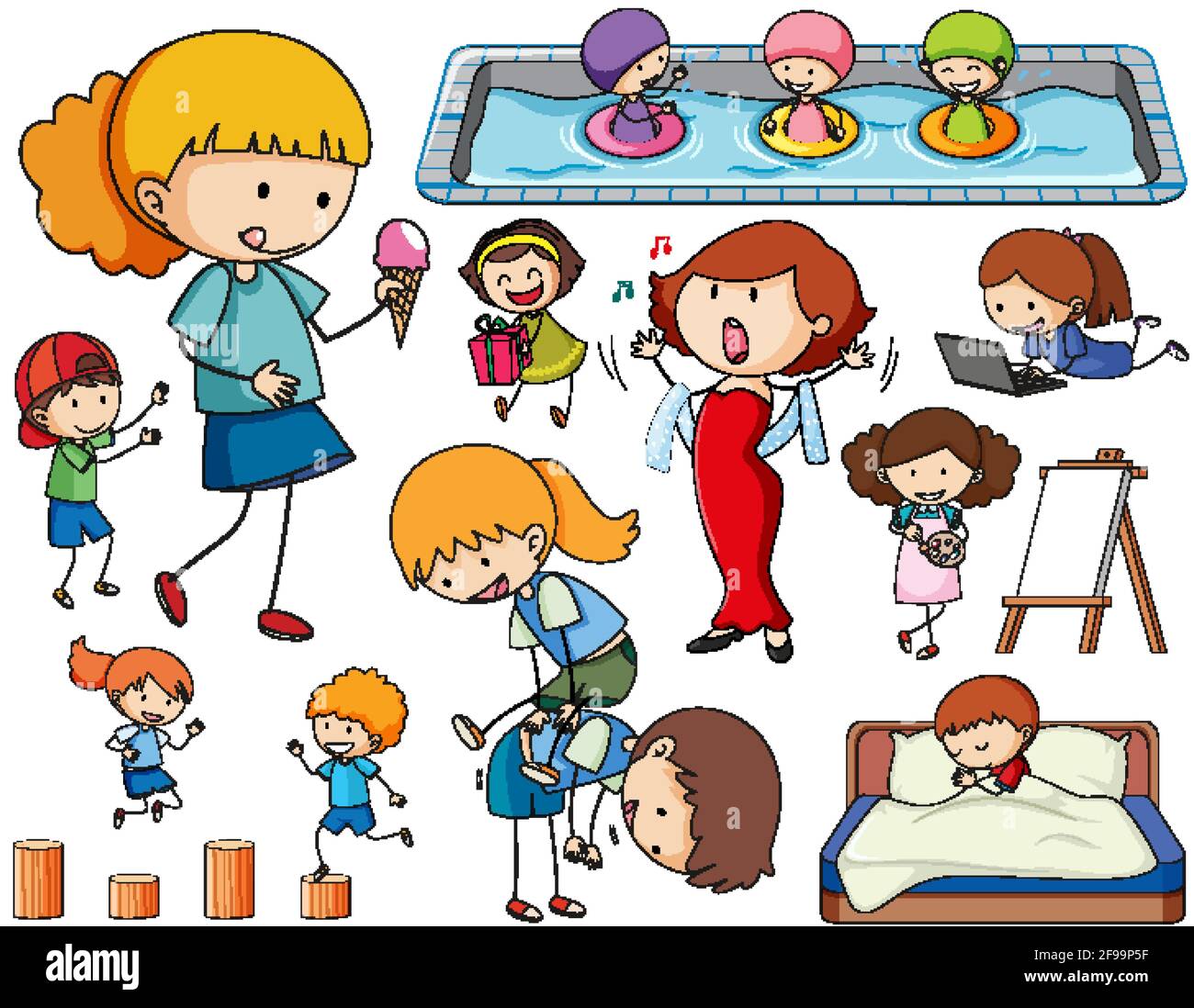Set of different doodle kids cartoon character illustration Stock ...