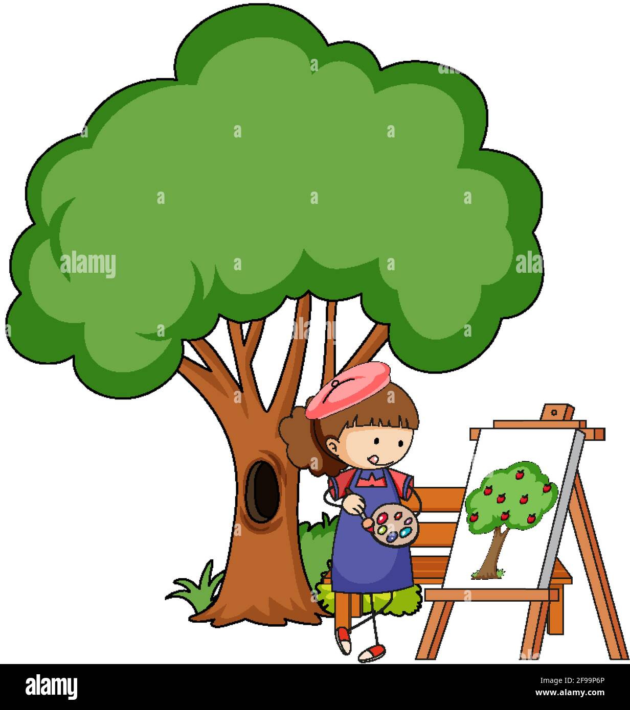Little artist drawing a tree picture isolated on white background ...