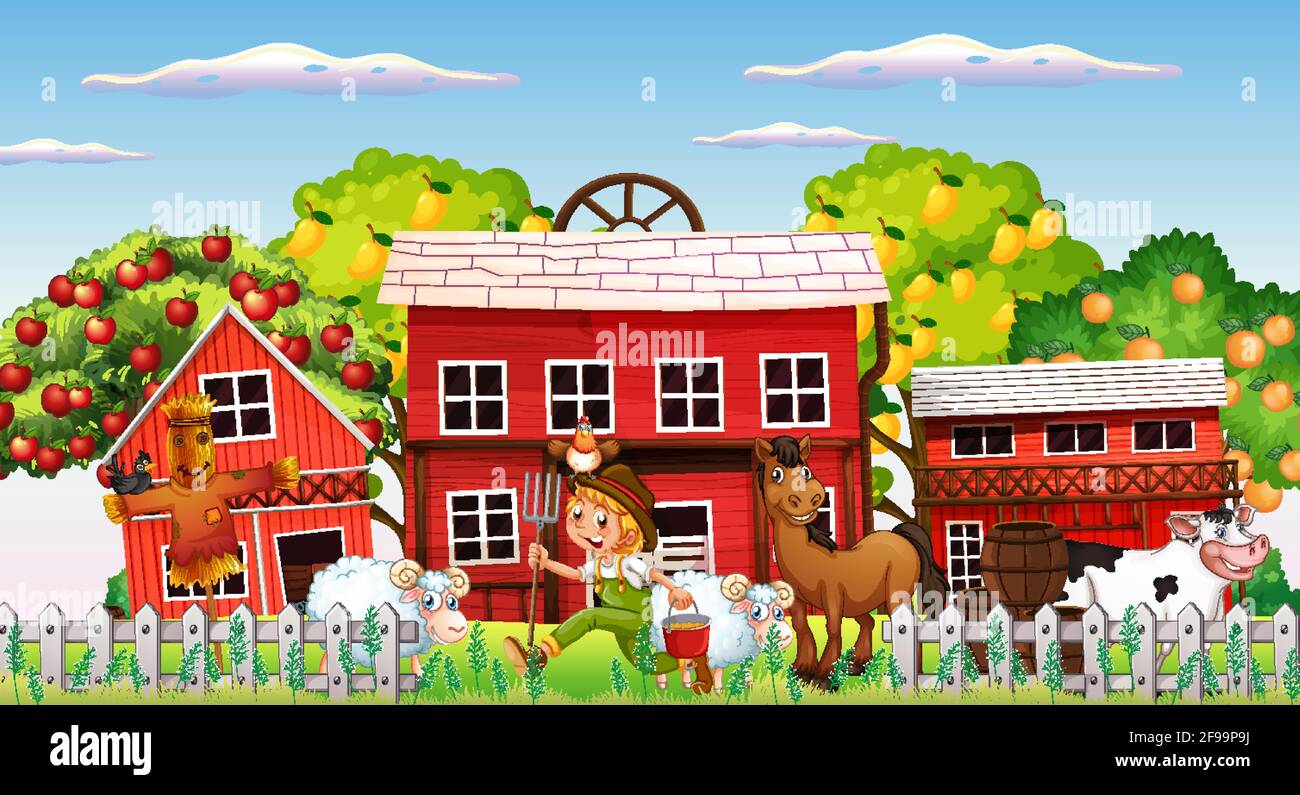 Farm scene with farmer boy and farm animals illustration Stock Vector ...