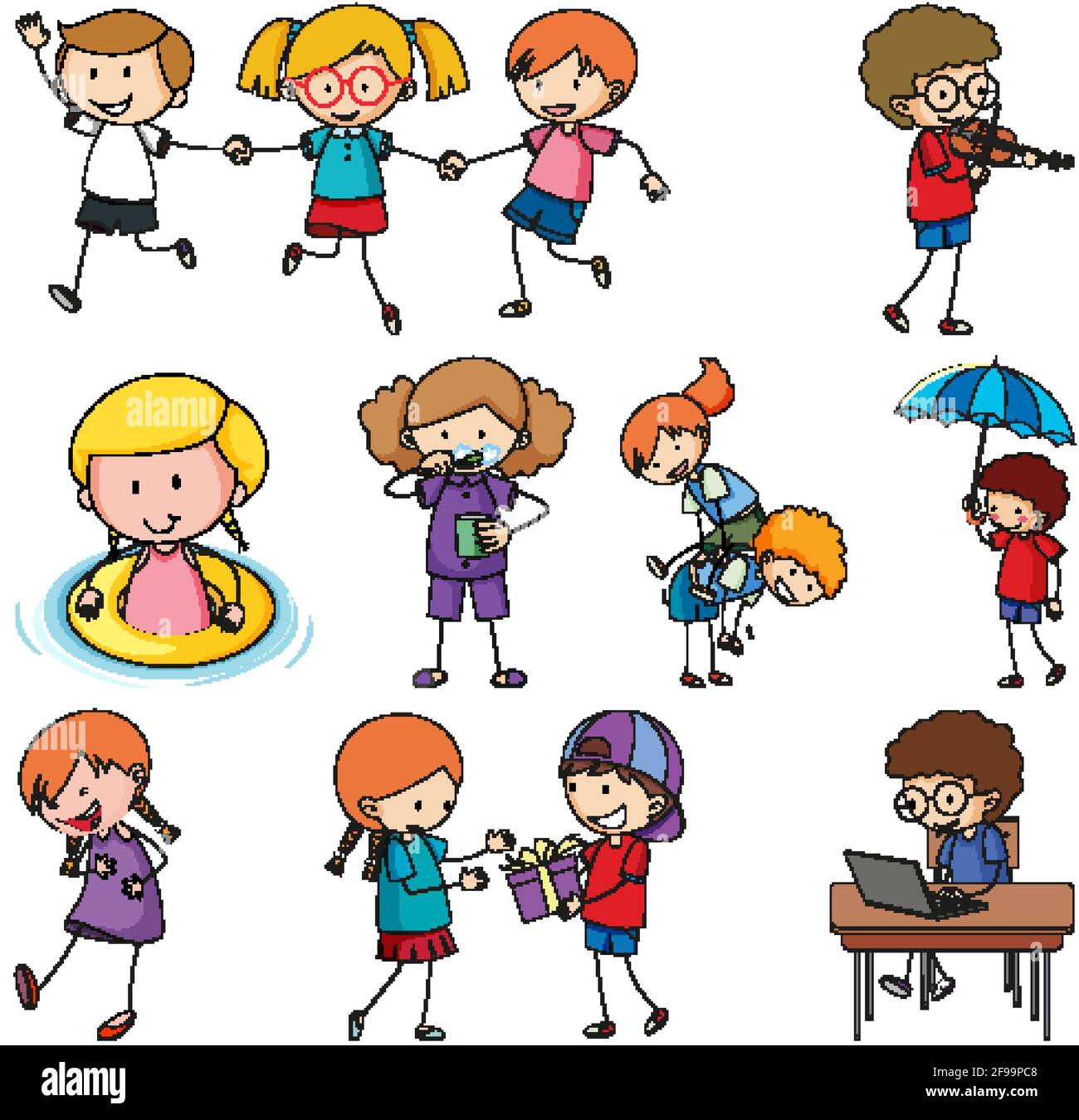 Set of different doodle kids cartoon character illustration Stock ...
