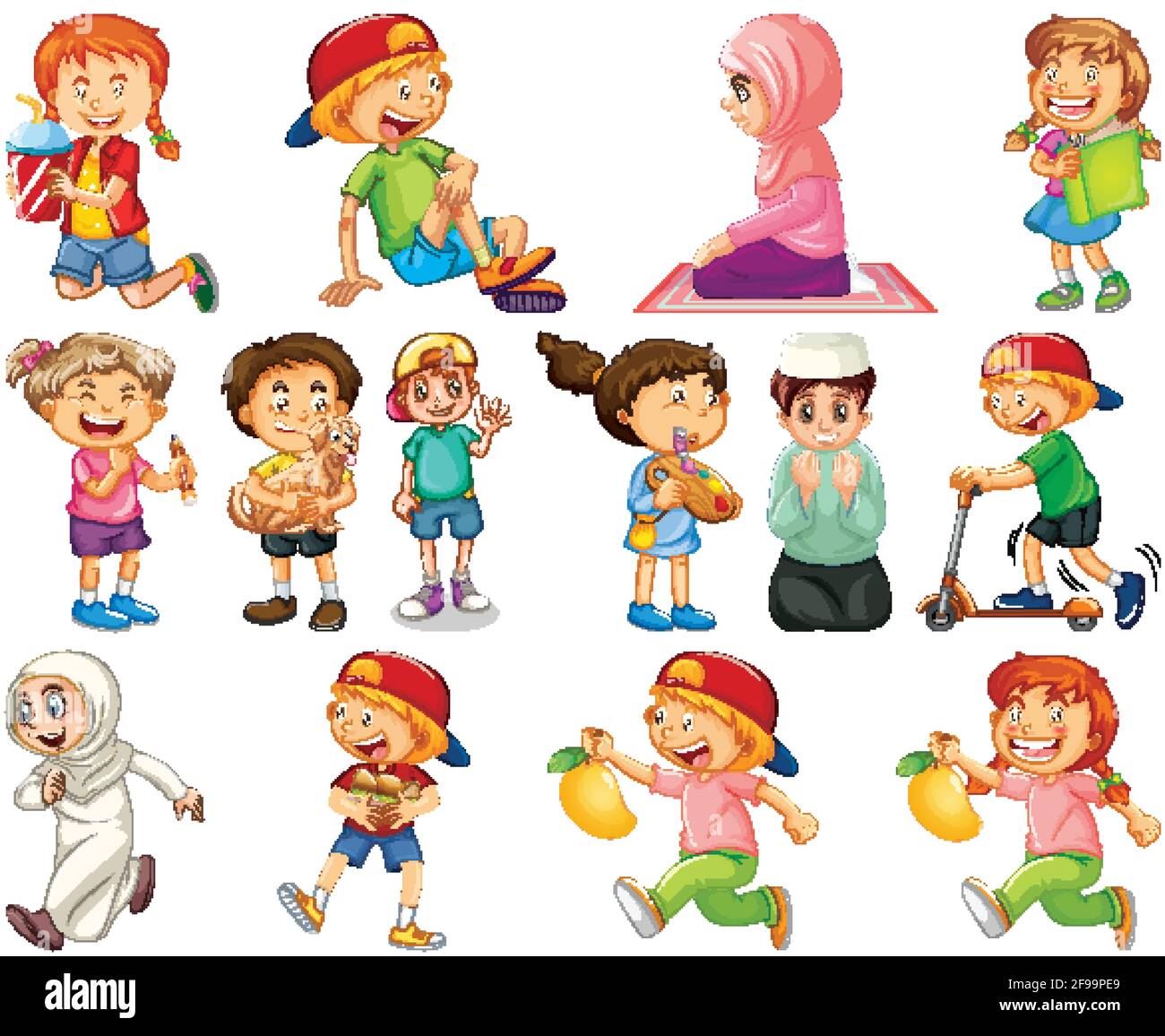 Children doing different activities cartoon character set on white ...