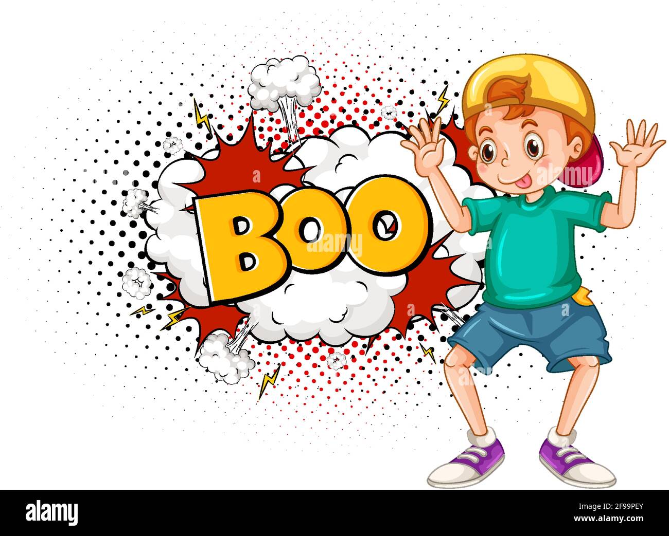 BOO word on bomb explosion with a boy cartoon character isolated ...
