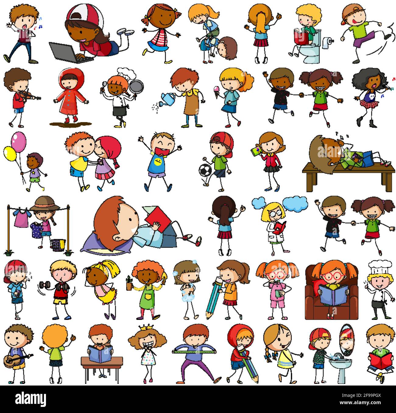 Set of different doodle kids cartoon character illustration Stock ...