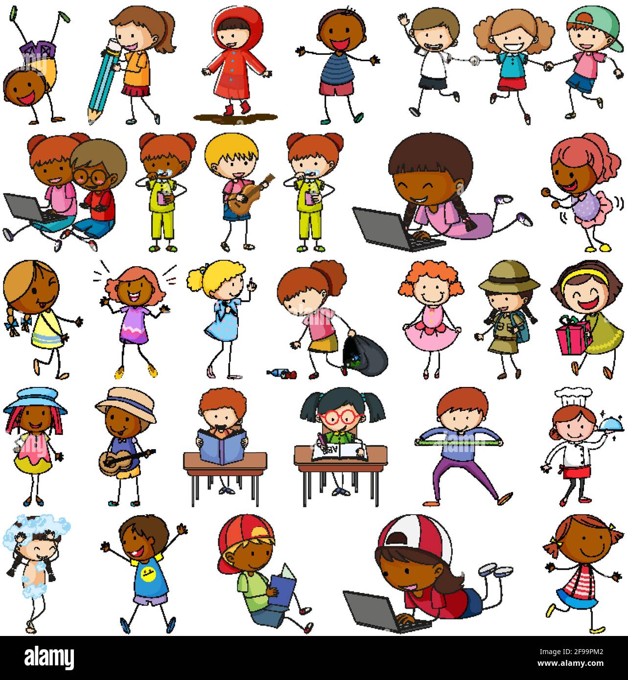 Set of different doodle kids cartoon character isolated illustration ...