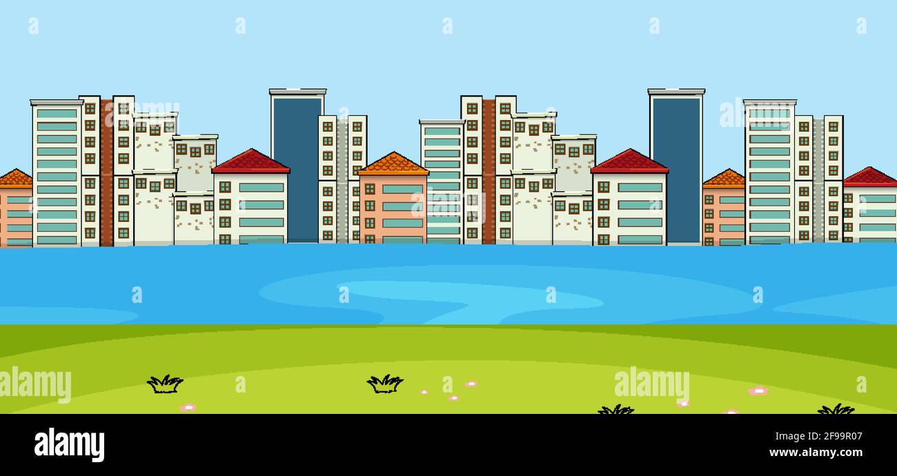 Horizontal scene with river and cityscape background illustration Stock ...