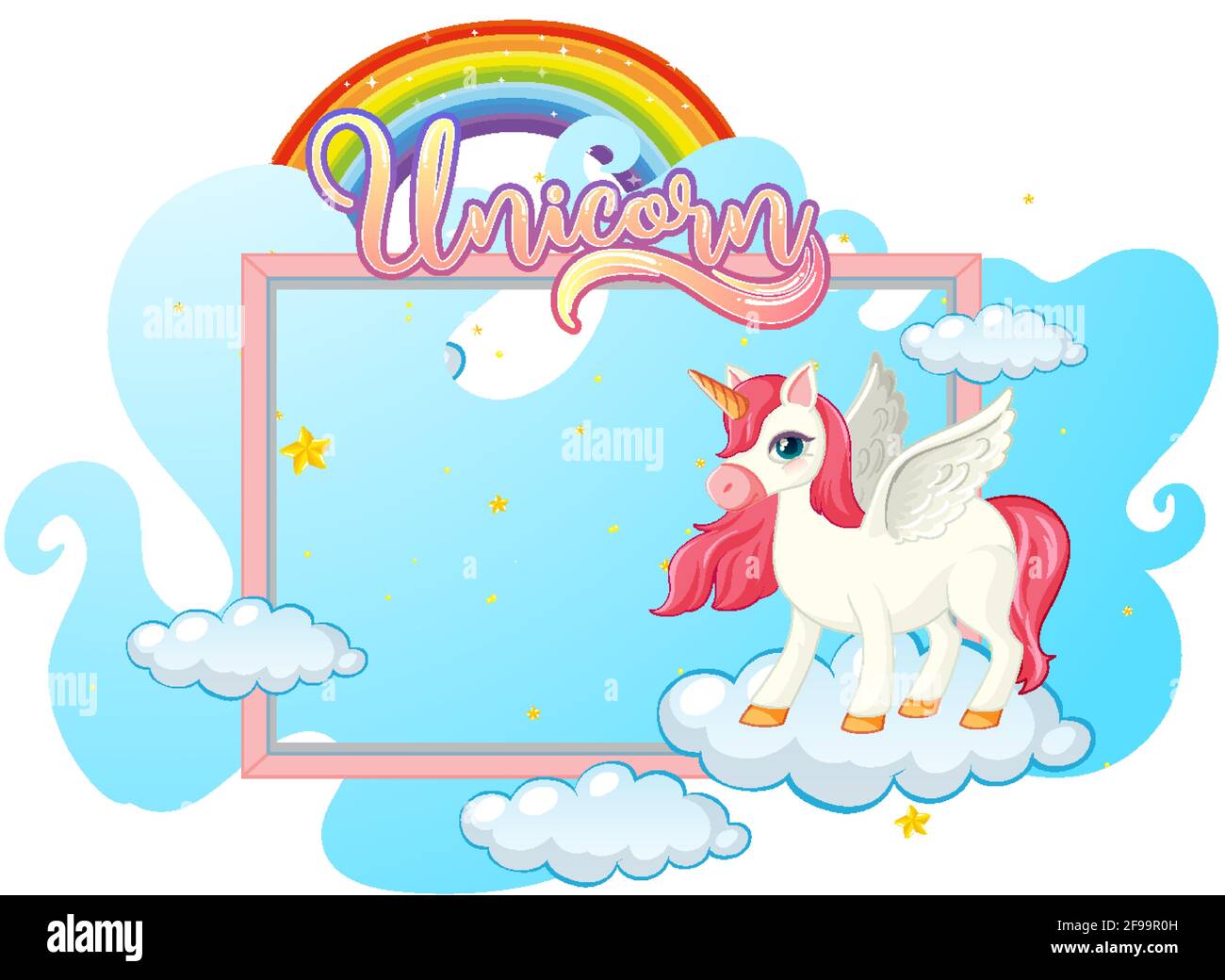 Empty banner with cute unicorn cartoon character on white background ...
