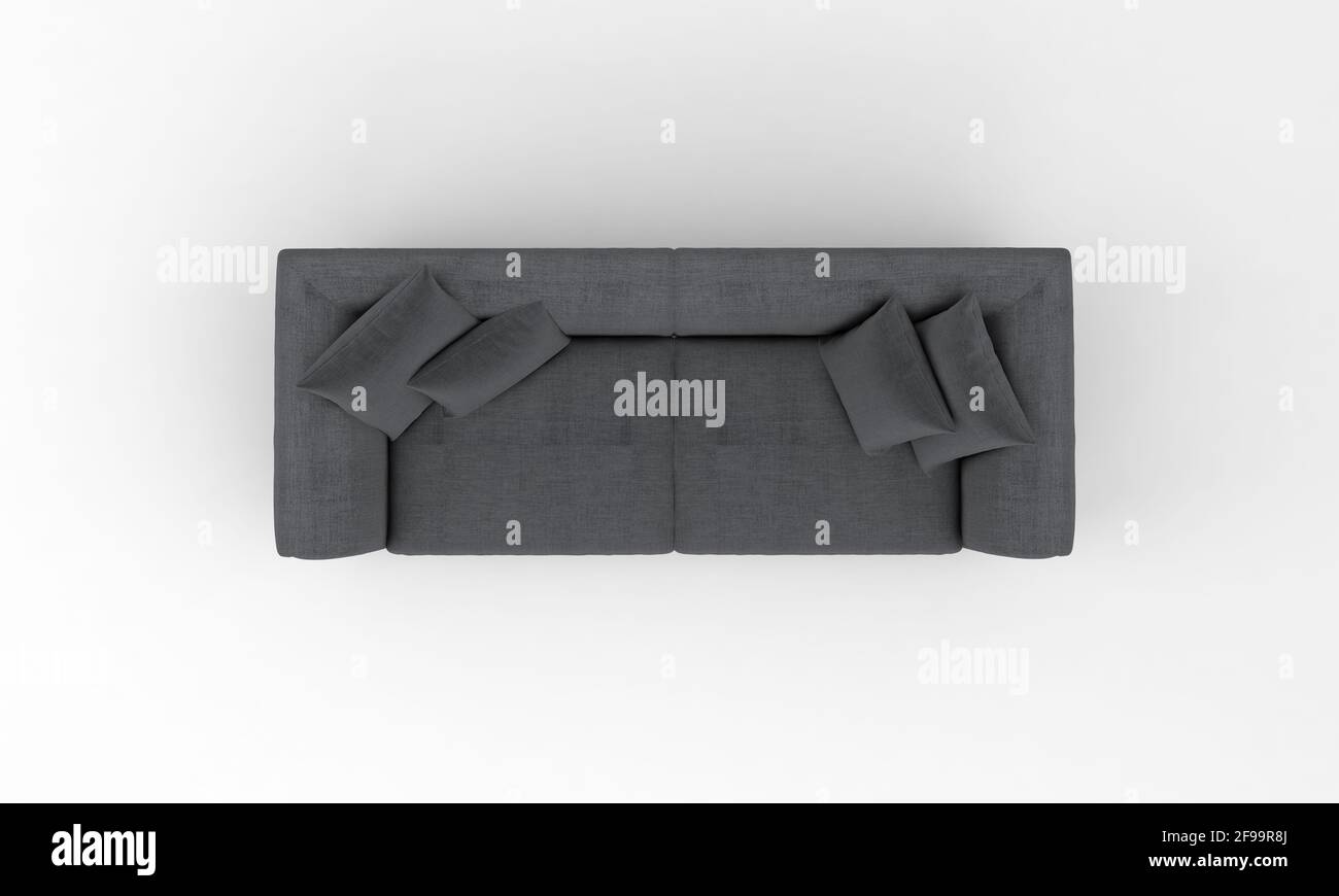 Top view of 3D rendered modern three-seater sofa of dark gray color on ...