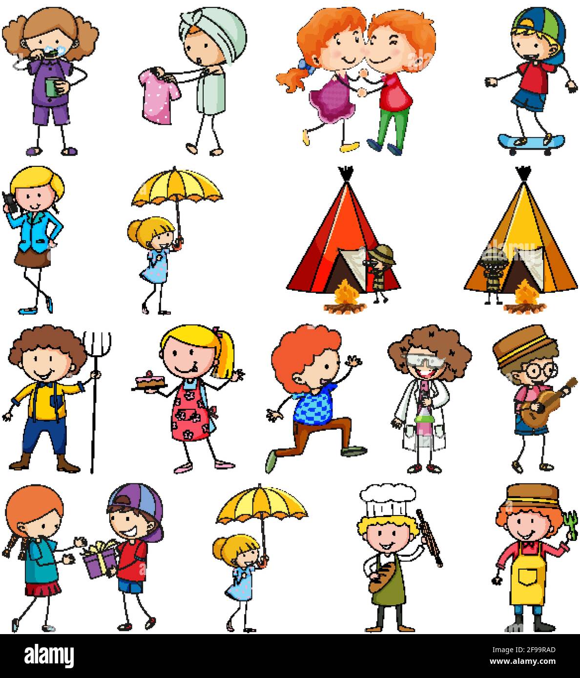 Set of different doodle kids cartoon character illustration Stock ...