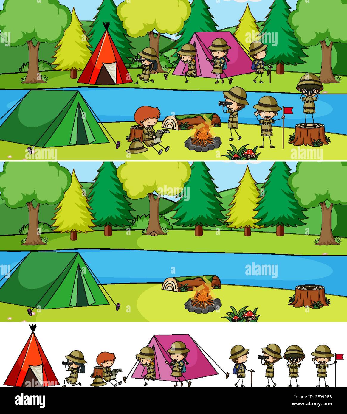Camping scene set with many kids cartoon character isolated ...