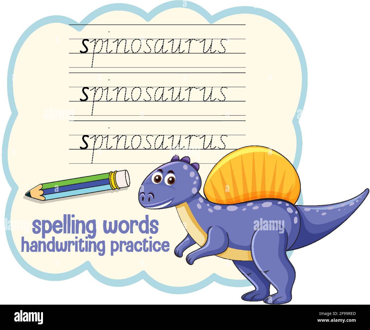 Spelling words dinosaur handwriting practice worksheet illustration ...