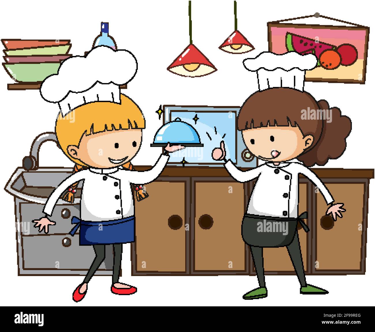 Little chef with kitchen equipments on white background illustration ...