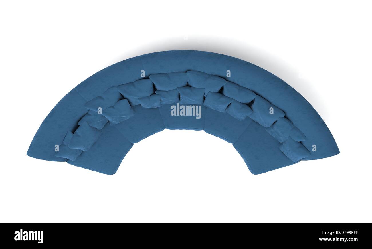 Top view of 3D rendered modern blue corner sofa on a white background ...