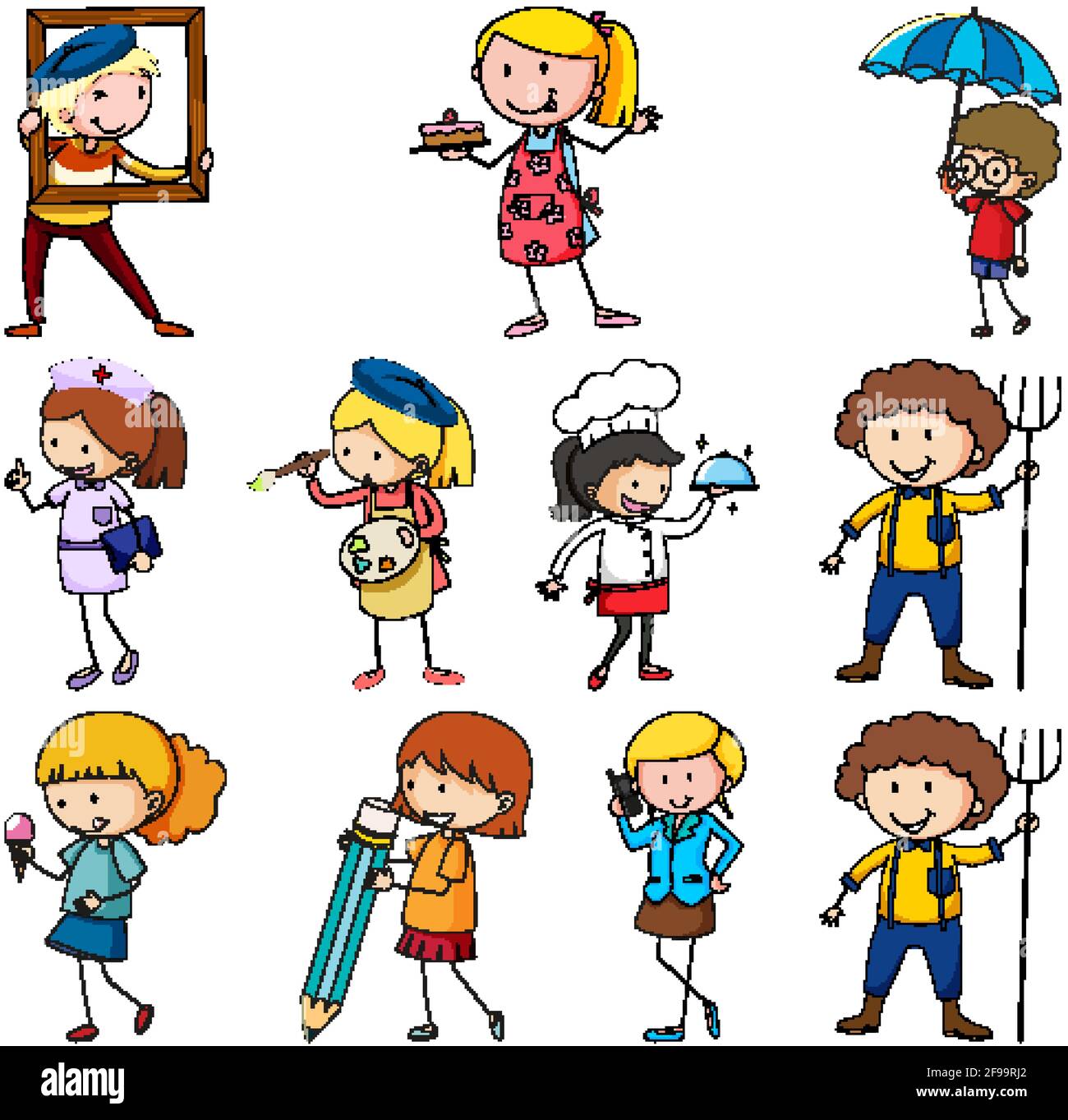 Set of different doodle kids cartoon character illustration Stock ...