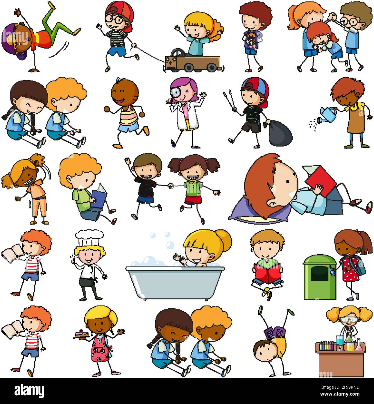 Set of different doodle kids cartoon character illustration Stock ...