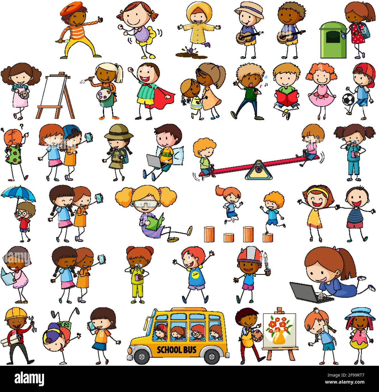 Set of different doodle kids cartoon character illustration Stock ...