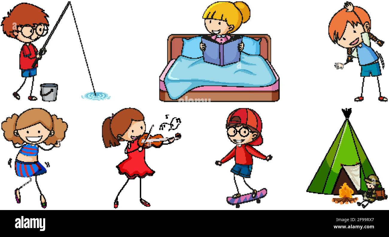 Set of many children doing different activities illustration Stock ...
