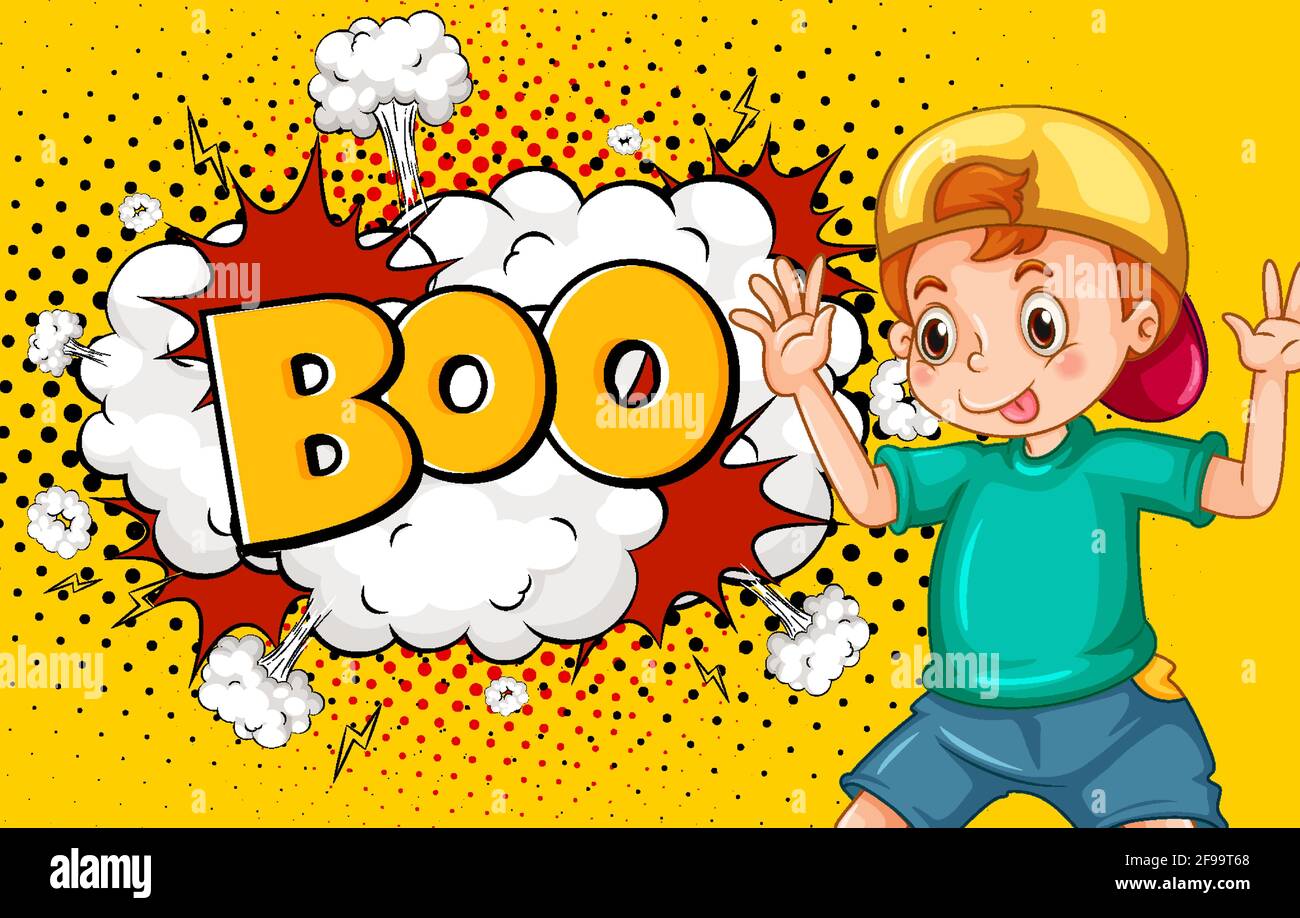 BOO word on explosion background with boy cartoon character ...